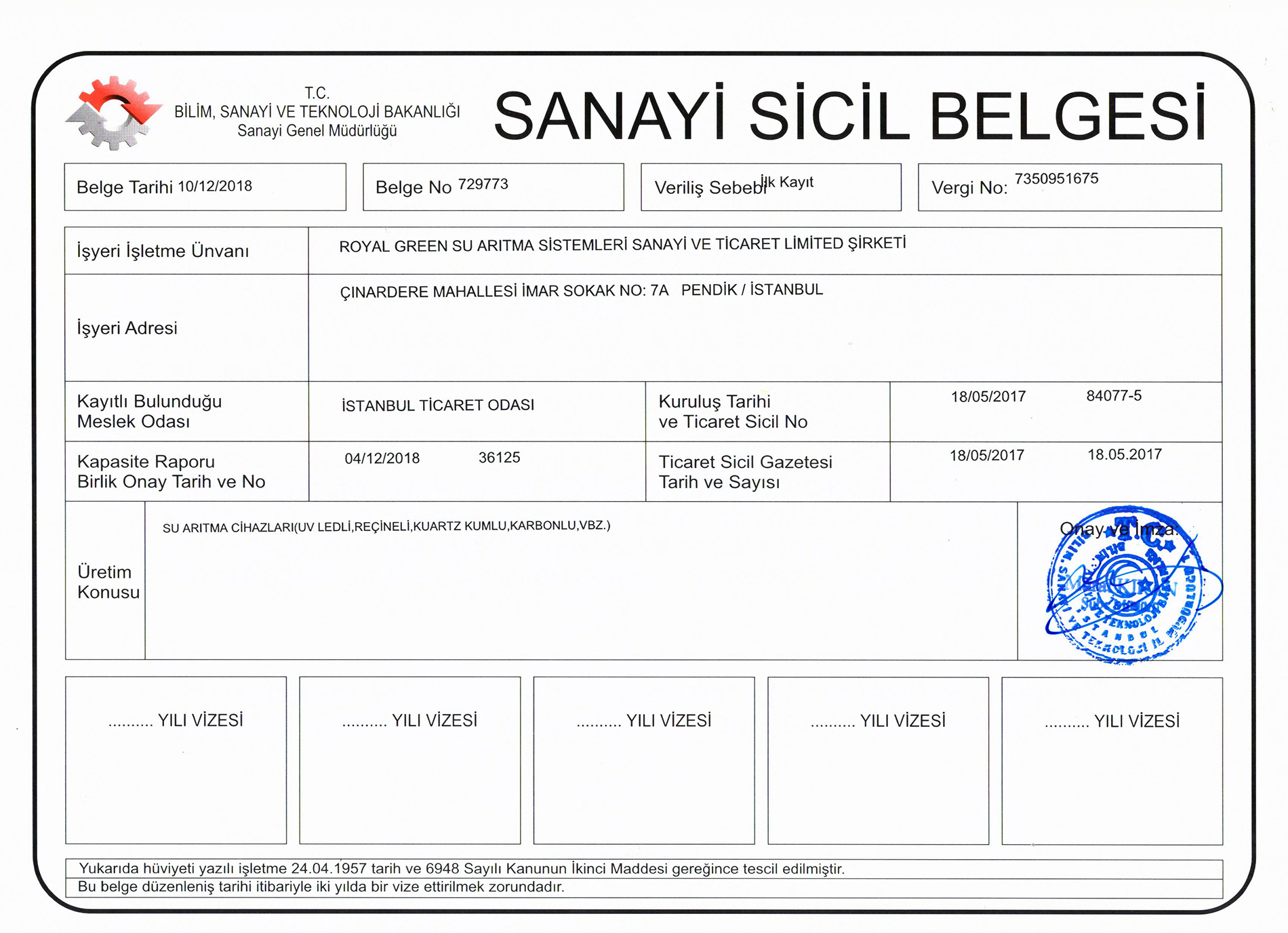 Belgelerimiz - Royal Green Su Arıtma Cihazı