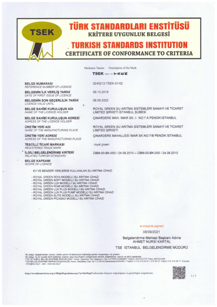 Belgelerimiz - Royal Green Su Arıtma Cihazı